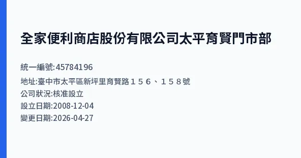 全家便利商店股份有限公司太平育賢門市部的照片-統編 45784196(臺中市) 公司登記資料與營業項目詳細圖表