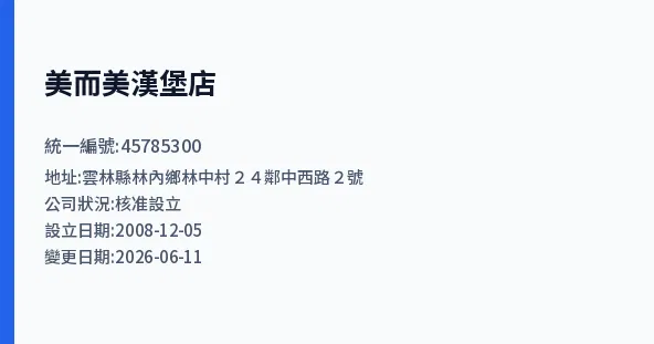 美而美漢堡店的照片-統編 45785300(雲林縣) 公司登記資料與營業項目詳細圖表
