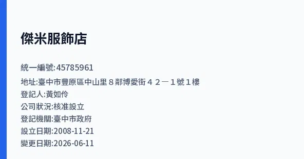 傑米服飾店的照片-統編 45785961(臺中市) 公司登記資料與營業項目詳細圖表