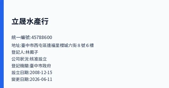 立晟水產行的照片-統編 45788600(臺中市) 公司登記資料與營業項目詳細圖表