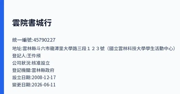 雲院書城行的照片-統編 45790227(雲林縣) 公司登記資料與營業項目詳細圖表
