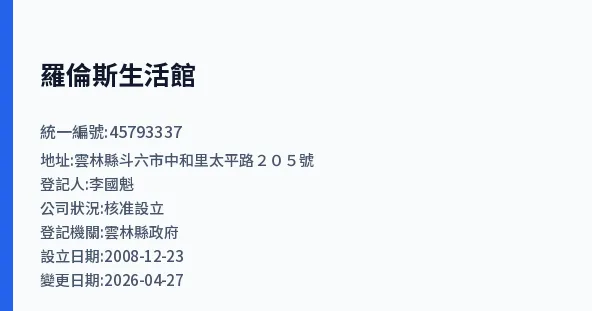 羅倫斯生活館的照片-統編 45793337(雲林縣) 公司登記資料與營業項目詳細圖表