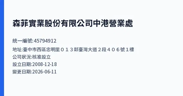 森菲實業股份有限公司中港營業處的照片-統編 45794912(臺中市) 公司登記資料與營業項目詳細圖表