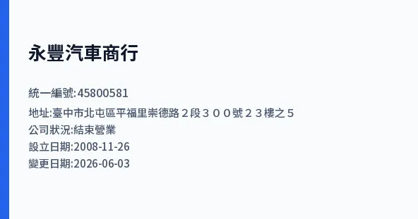 永豐汽車商行的照片-統編 45800581(臺中市) 公司登記資料與營業項目詳細圖表