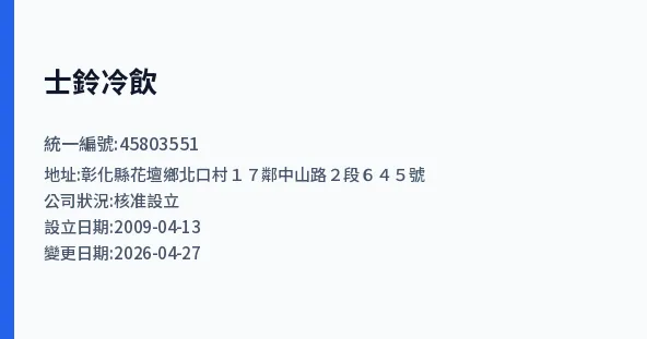 士鈴冷飲的照片-統編 45803551(彰化縣) 公司登記資料與營業項目詳細圖表