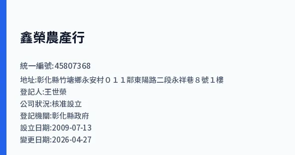 鑫榮農產行的照片-統編 45807368(彰化縣) 公司登記資料與營業項目詳細圖表