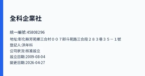 全科企業社的照片-統編 45808296(彰化縣) 公司登記資料與營業項目詳細圖表