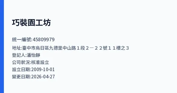 巧裝園工坊的照片-統編 45809979(臺中市) 公司登記資料與營業項目詳細圖表
