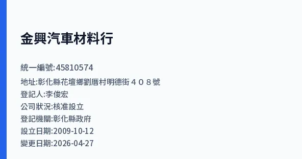 金興汽車材料行的照片-統編 45810574(彰化縣) 公司登記資料與營業項目詳細圖表