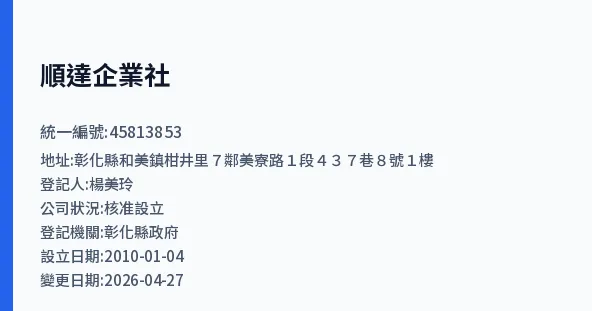 順達企業社的照片-統編 45813853(彰化縣) 公司登記資料與營業項目詳細圖表
