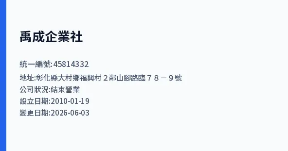 禹成企業社的照片-統編 45814332(彰化縣) 公司登記資料與營業項目詳細圖表