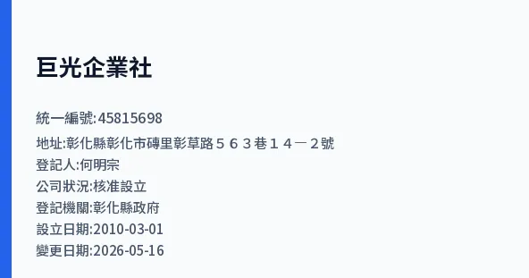 巨光企業社的照片-統編 45815698(彰化縣) 公司登記資料與營業項目詳細圖表