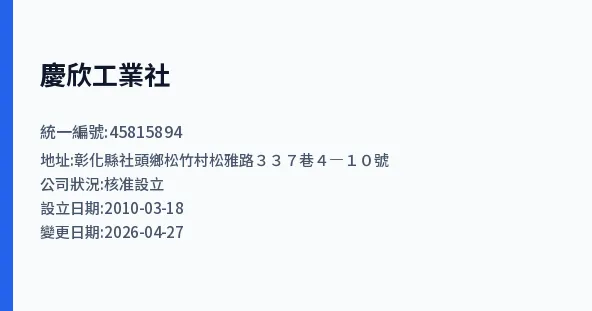 慶欣工業社的照片-統編 45815894(彰化縣) 公司登記資料與營業項目詳細圖表