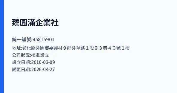 臻圓滿企業社的照片-統編 45815901(彰化縣) 公司登記資料與營業項目詳細圖表