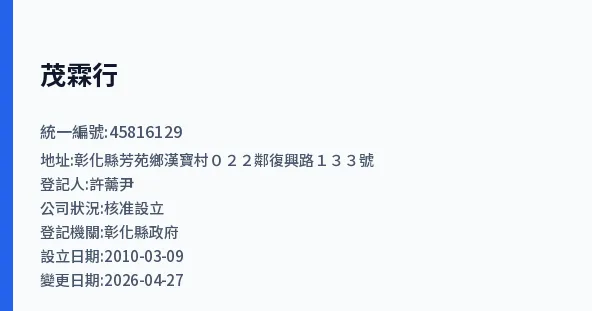 茂霖行的照片-統編 45816129(彰化縣) 公司登記資料與營業項目詳細圖表