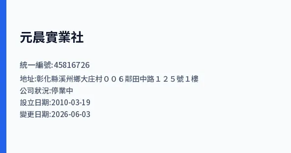 元晨實業社的照片-統編 45816726(彰化縣) 公司登記資料與營業項目詳細圖表
