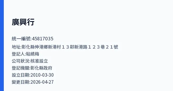 廣興行的照片-統編 45817035(彰化縣) 公司登記資料與營業項目詳細圖表