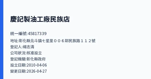 慶記製油工廠民族店的照片-統編 45817339(彰化縣) 公司登記資料與營業項目詳細圖表
