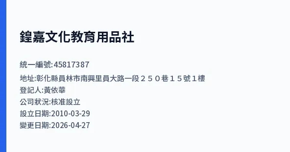 鍠嘉文化教育用品社的照片-統編 45817387(彰化縣) 公司登記資料與營業項目詳細圖表