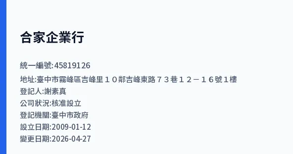 合家企業行的照片-統編 45819126(臺中市) 公司登記資料與營業項目詳細圖表