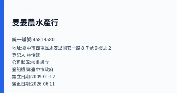 旻晏農水產行的照片-統編 45819580(臺中市) 公司登記資料與營業項目詳細圖表