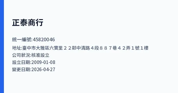正泰商行的照片-統編 45820046(臺中市) 公司登記資料與營業項目詳細圖表