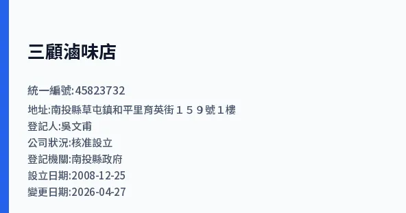 三顧滷味店的照片-統編 45823732(南投縣) 公司登記資料與營業項目詳細圖表