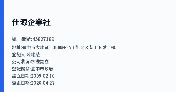 仕源企業社的照片-統編 45827189(臺中市) 公司登記資料與營業項目詳細圖表