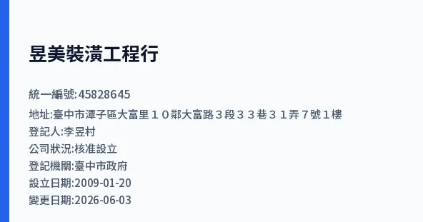 昱美裝潢工程行的照片-統編 45828645(臺中市) 公司登記資料與營業項目詳細圖表