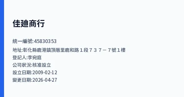 佳廸商行的照片-統編 45830353(彰化縣) 公司登記資料與營業項目詳細圖表