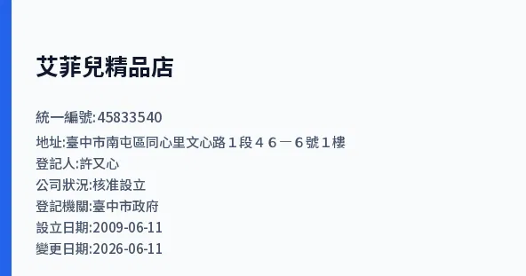 艾菲兒精品店的照片-統編 45833540(臺中市) 公司登記資料與營業項目詳細圖表