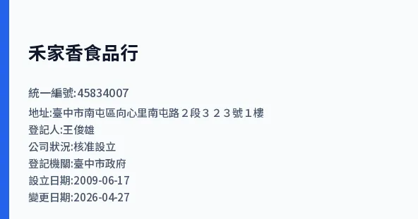 禾家香食品行的照片-統編 45834007(臺中市) 公司登記資料與營業項目詳細圖表