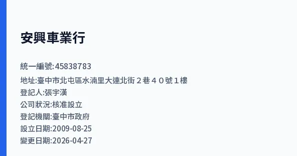 安興車業行的照片-統編 45838783(臺中市) 公司登記資料與營業項目詳細圖表