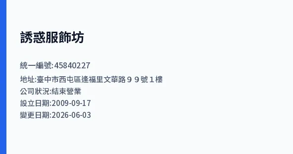 誘惑服飾坊的照片-統編 45840227(臺中市) 公司登記資料與營業項目詳細圖表