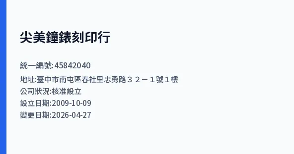 尖美鐘錶刻印行的照片-統編 45842040(臺中市) 公司登記資料與營業項目詳細圖表