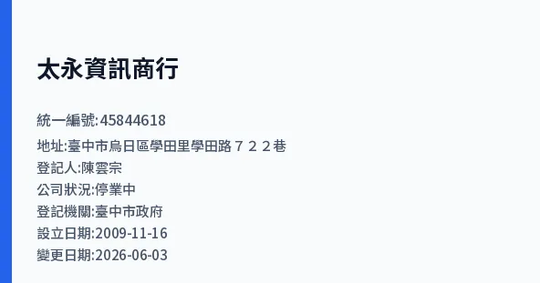 太永資訊商行的照片-統編 45844618(臺中市) 公司登記資料與營業項目詳細圖表