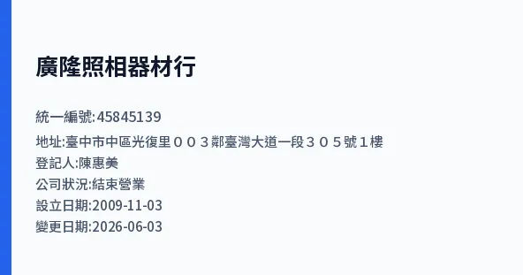 廣隆照相器材行的照片-統編 45845139(臺中市) 公司登記資料與營業項目詳細圖表