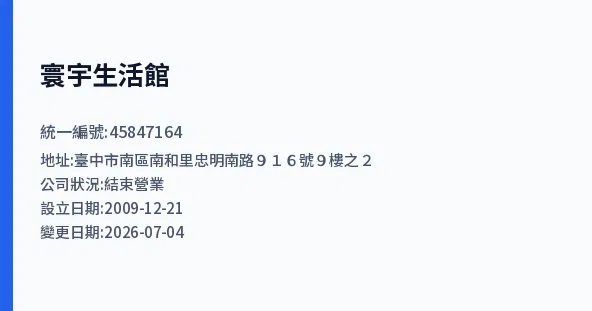 寰宇生活館的照片-統編 45847164(臺中市) 公司登記資料與營業項目詳細圖表