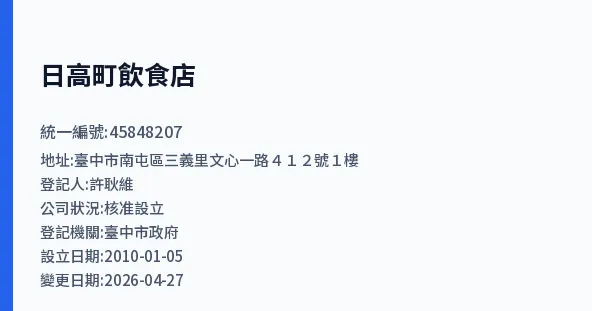 日高町飲食店的照片-統編 45848207(臺中市) 公司登記資料與營業項目詳細圖表