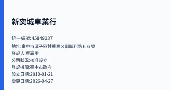 新奕城車業行的照片-統編 45849037(臺中市) 公司登記資料與營業項目詳細圖表