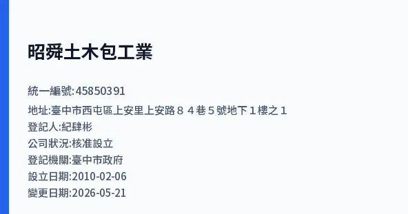 昭舜土木包工業的照片-統編 45850391(臺中市) 公司登記資料與營業項目詳細圖表