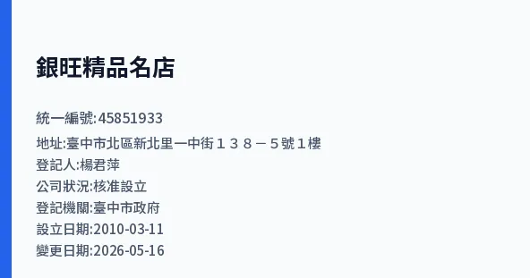 銀旺精品名店的照片-統編 45851933(臺中市) 公司登記資料與營業項目詳細圖表