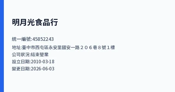 明月光食品行的照片-統編 45852243(臺中市) 公司登記資料與營業項目詳細圖表
