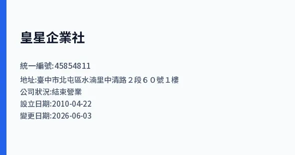 皇星企業社的照片-統編 45854811(臺中市) 公司登記資料與營業項目詳細圖表