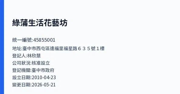 綠蒲生活花藝坊的照片-統編 45855001(臺中市) 公司登記資料與營業項目詳細圖表