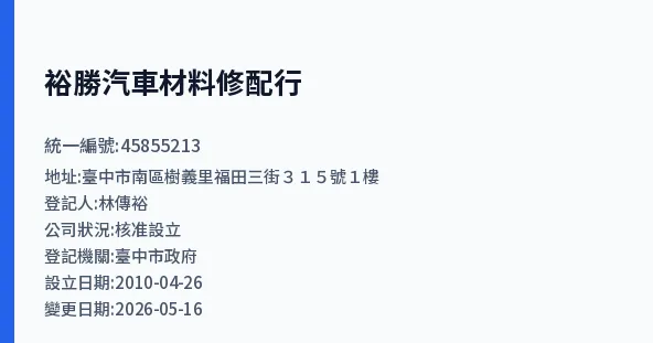 裕勝汽車材料修配行的照片-統編 45855213(臺中市) 公司登記資料與營業項目詳細圖表