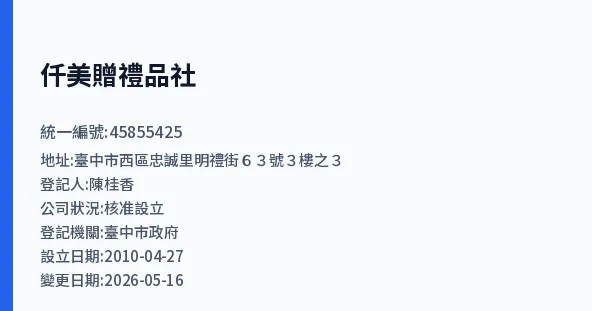 仟美贈禮品社的照片-統編 45855425(臺中市) 公司登記資料與營業項目詳細圖表