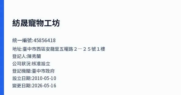 紡晟寵物工坊的照片-統編 45856418(臺中市) 公司登記資料與營業項目詳細圖表