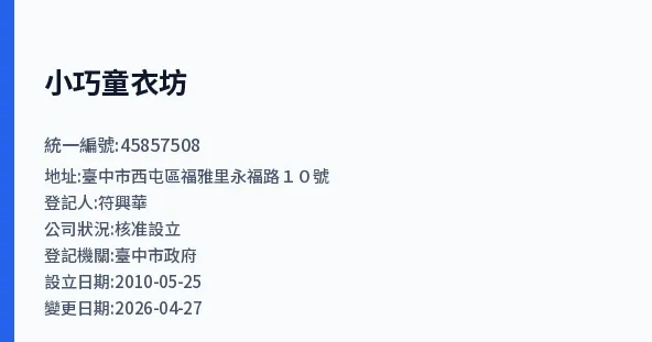 小巧童衣坊的照片-統編 45857508(臺中市) 公司登記資料與營業項目詳細圖表