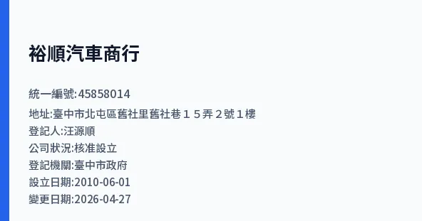 裕順汽車商行的照片-統編 45858014(臺中市) 公司登記資料與營業項目詳細圖表
